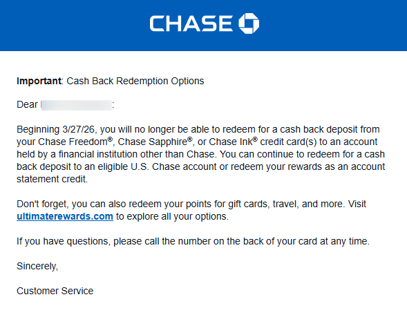 Chase Changes Cash Back Redemptions: Fewer Options in March